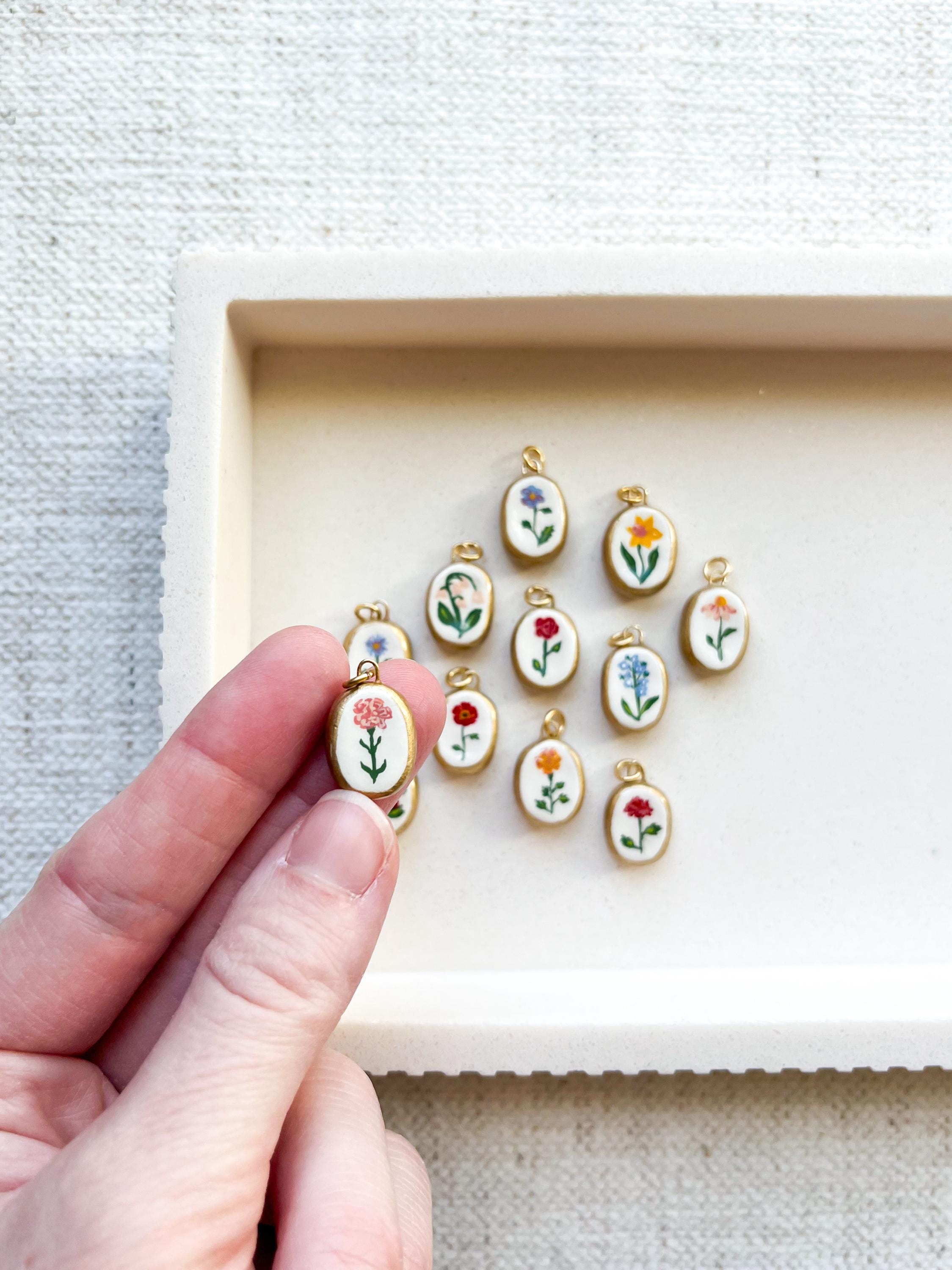 Handpainted Birth Month Flower Charm | Handmade Gold Ceramic Clay ...