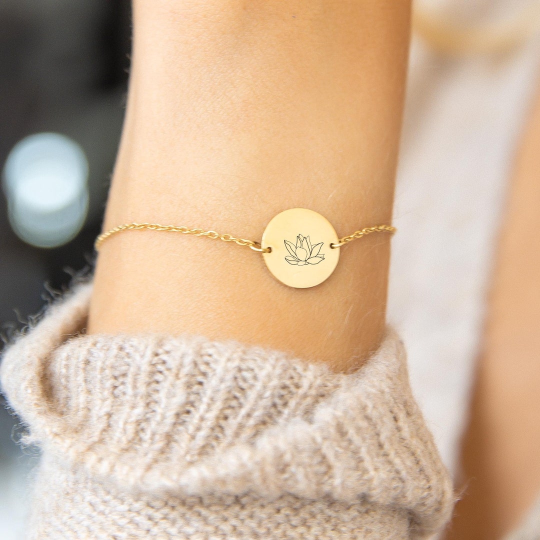 Custom Birth Flower Bracelet, Personalized Gold Birth Flower Bracelet ...