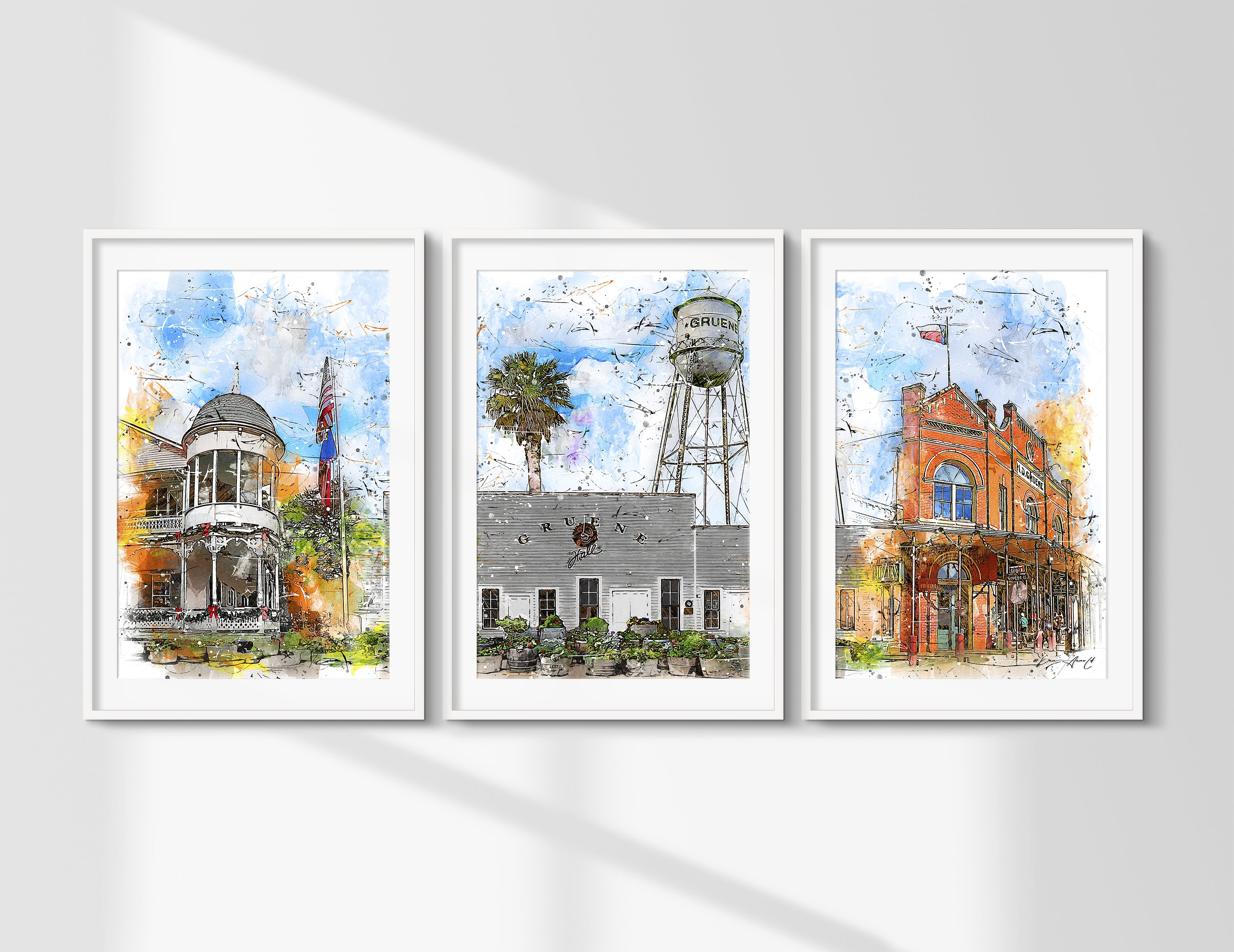 Gruene Texas Fine Art Print Set of 3, Watercolor Style Historic ...
