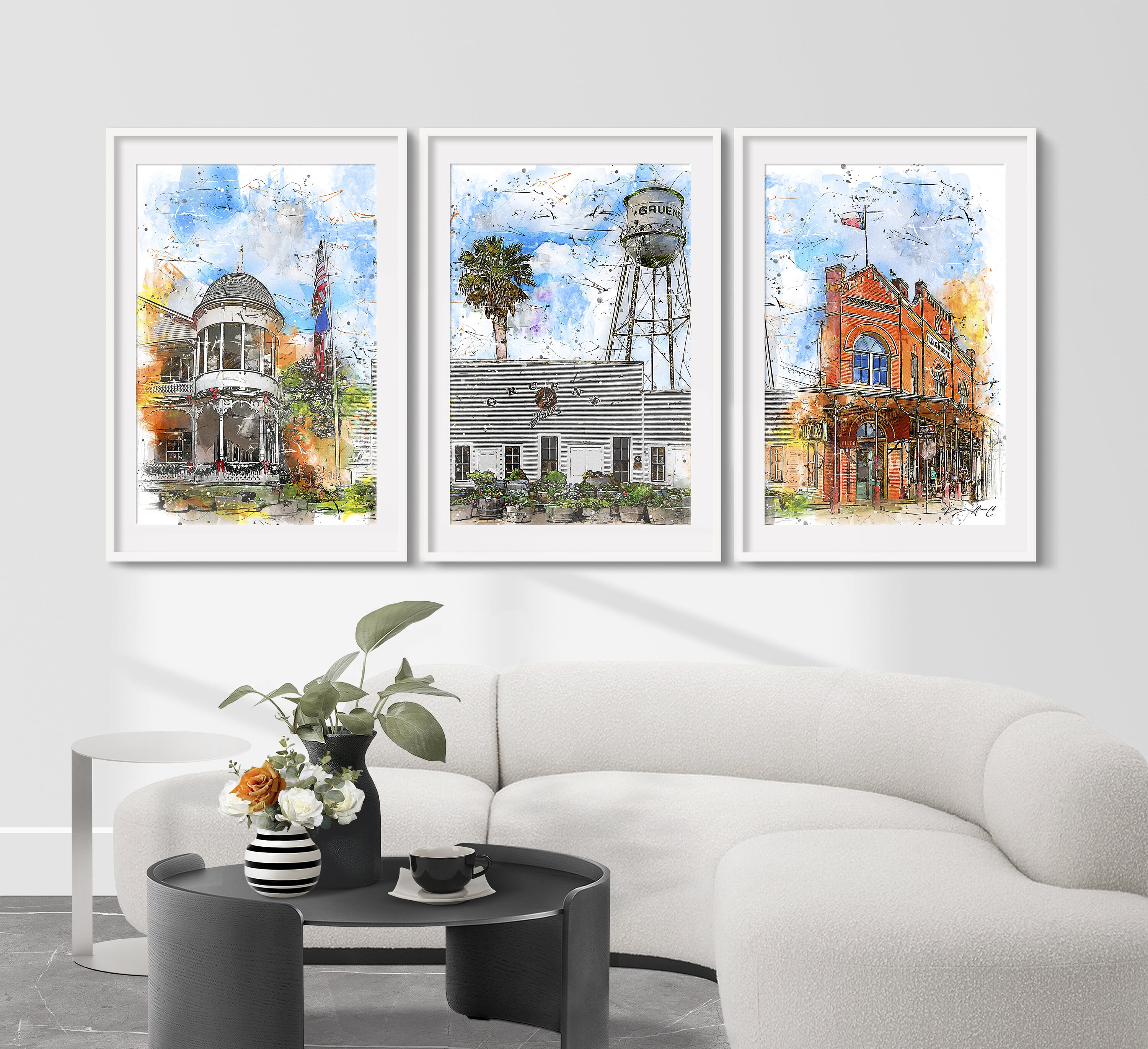 Gruene Texas Fine Art Print Set of 3, Watercolor Style Historic ...