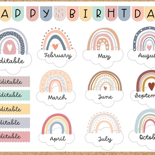 BOHO Rainbow Birthday Bulletin Board Birthday Display Editable - Etsy UK