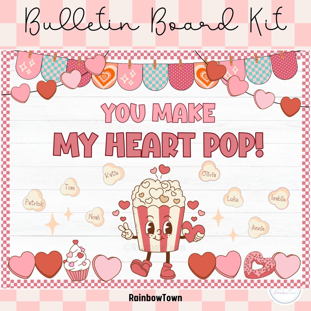 Valentines Bulletin Board Kit Groovy Popcorn Classroom Decor Printable ...