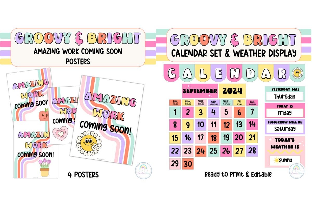 Groovy Bright Classroom Decor Bundle Pastel Theme Printable & Editable ...