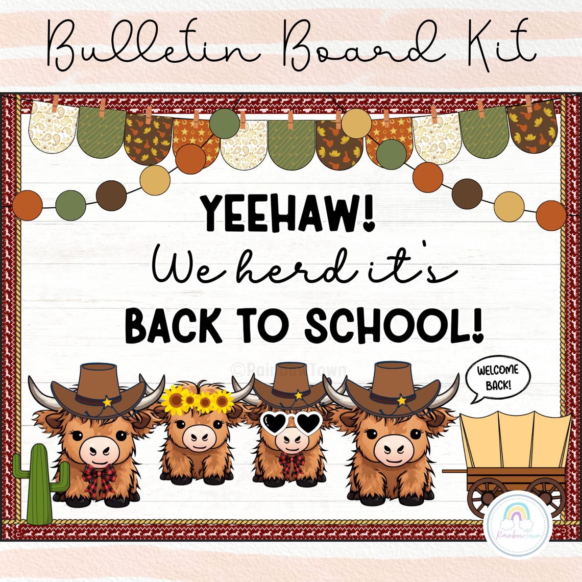Back to School Bulletin Board Kit Western Cowboy Highland Cow Classroom ...