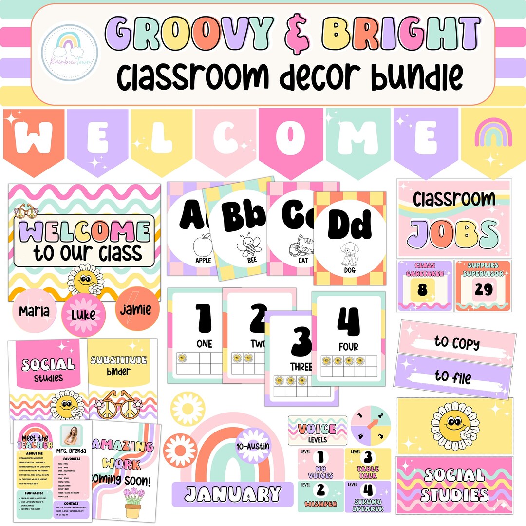 Groovy Bright Classroom Decor Bundle Printable Pastel Theme - Etsy