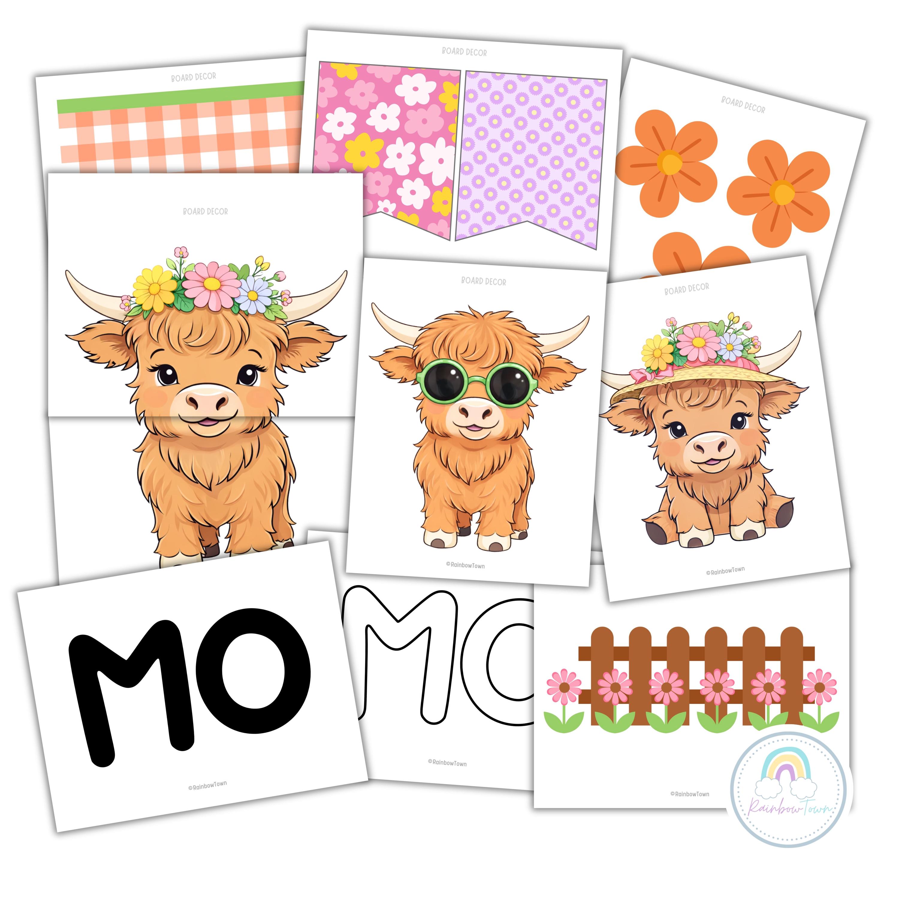 Spring Bulletin Board Kit Highland Cow Flower Classroom Decor Printable ...