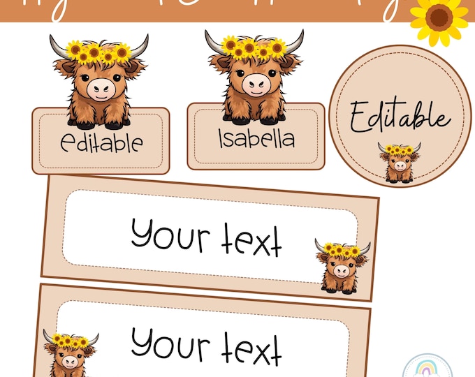 Sunflower Highland Cow Name Tags Classroom Labels Editable - Etsy