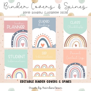 BOHO Rainbow Editable Binder Covers and Spines BOHO Classroom Decor - Etsy