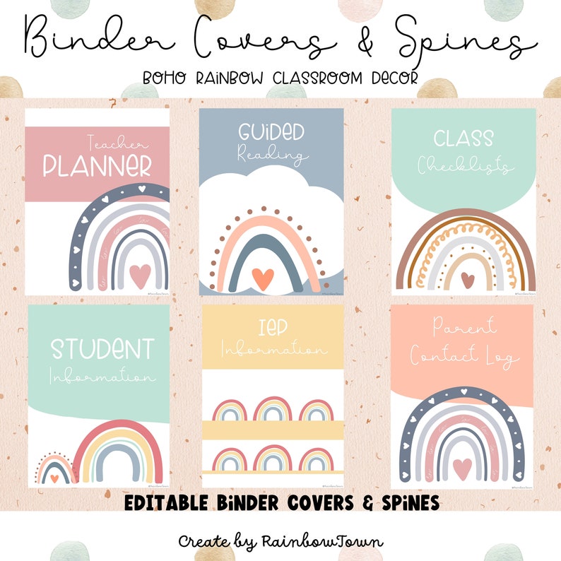BOHO Rainbow Editable Binder Covers and Spines BOHO Classroom - Etsy