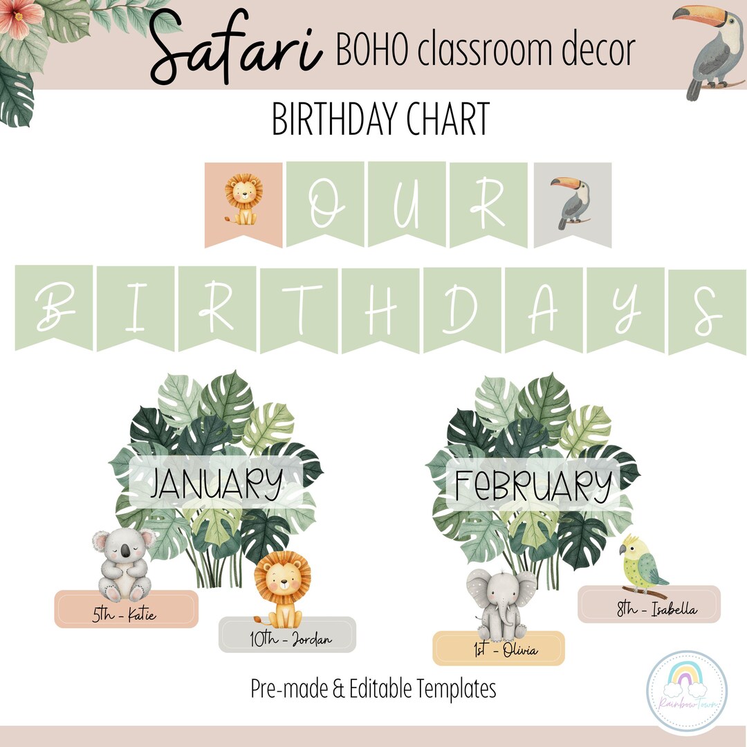 Birthday Bulletin Board Safari Boho Classroom Decor Printable ...