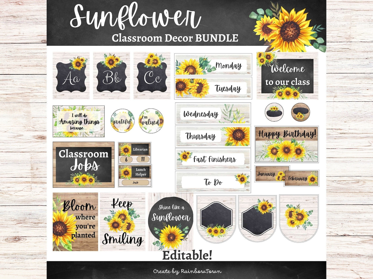Sunflower Farmhouse Classroom Decor BUNDLE Editable - Etsy