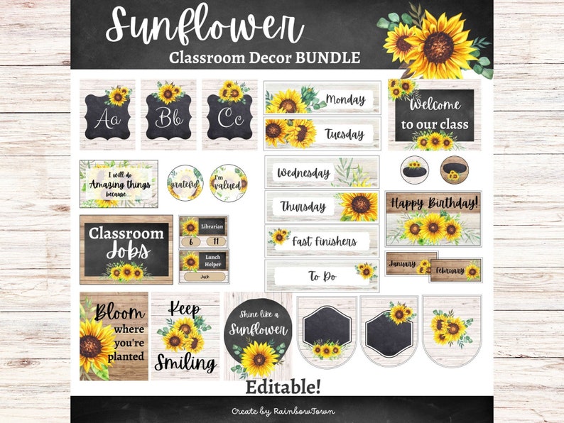 Sunflower Farmhouse Classroom Decor BUNDLE Editable - Etsy