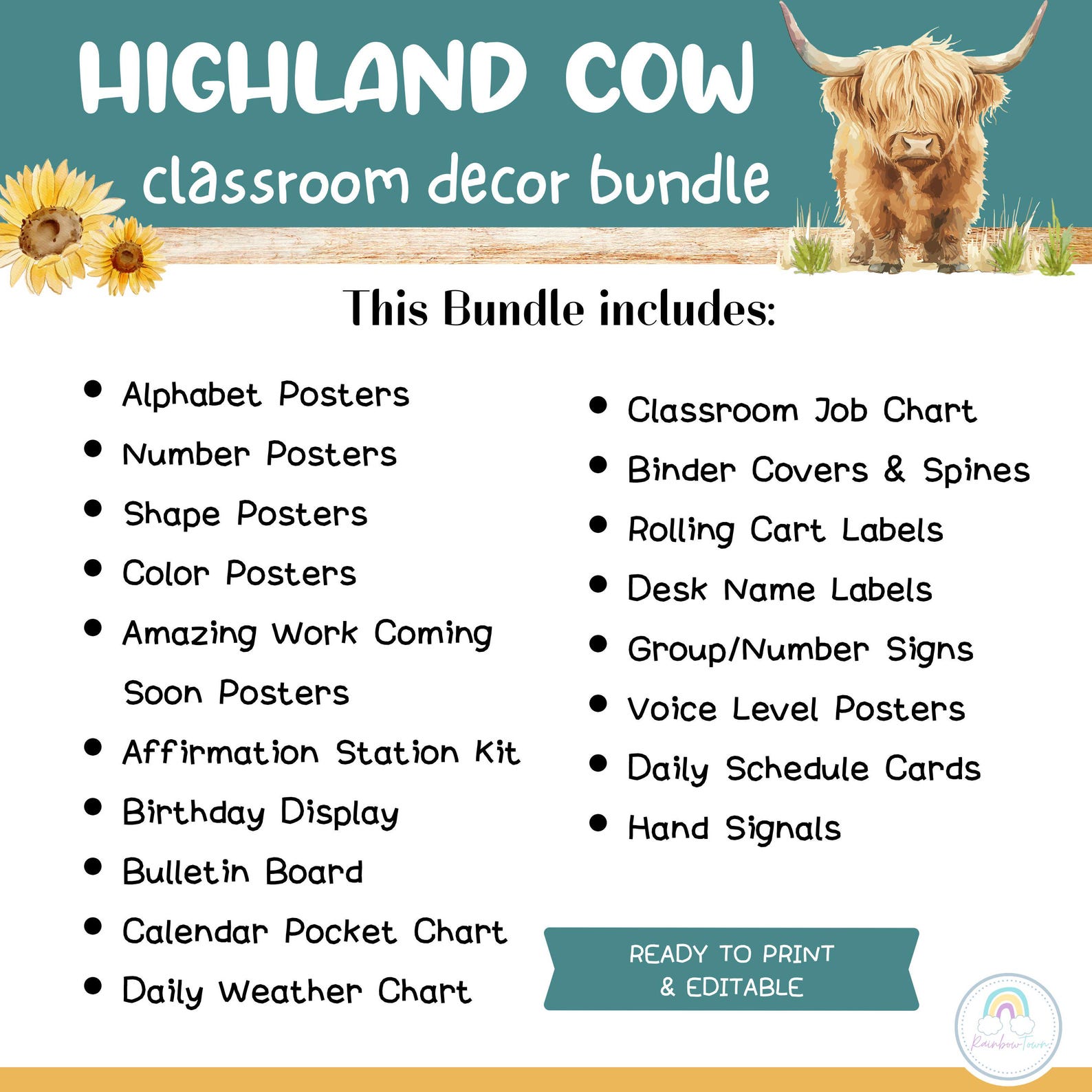 Highland Cow Classroom Decor Boho Neutral Theme Decorations Printable ...