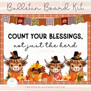Thanksgiving Bulletin Board Kit Highland Cow Thankful Fall Classroom ...