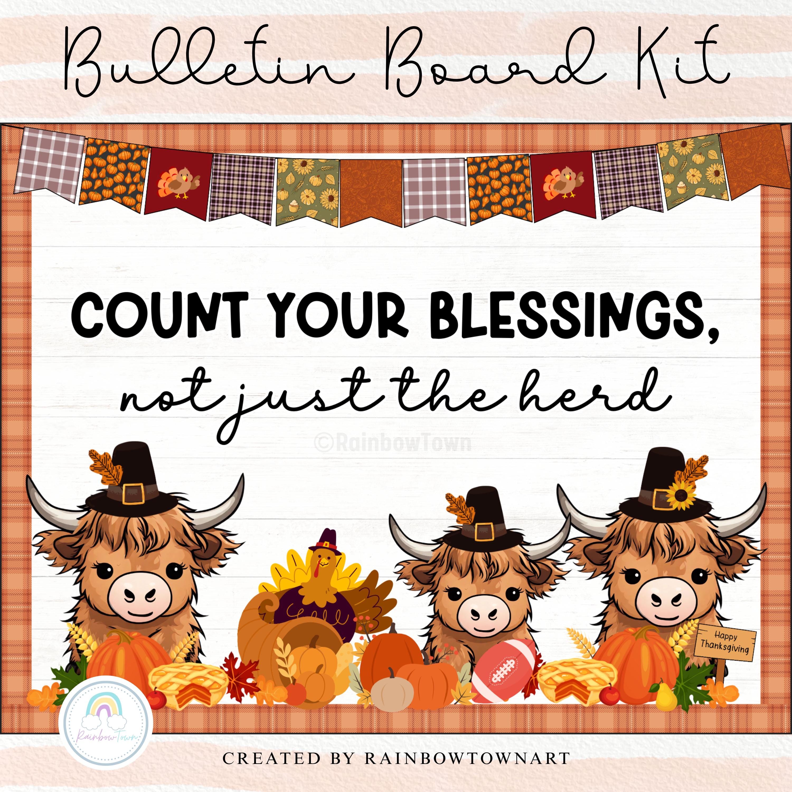 Thanksgiving Bulletin Board Kit Highland Cow Thankful Fall Classroom ...