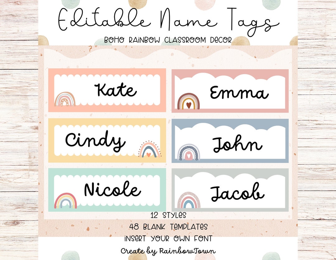 Boho Rainbow Classroom Name Tags: Editable Student Desk Plates (PPT ...