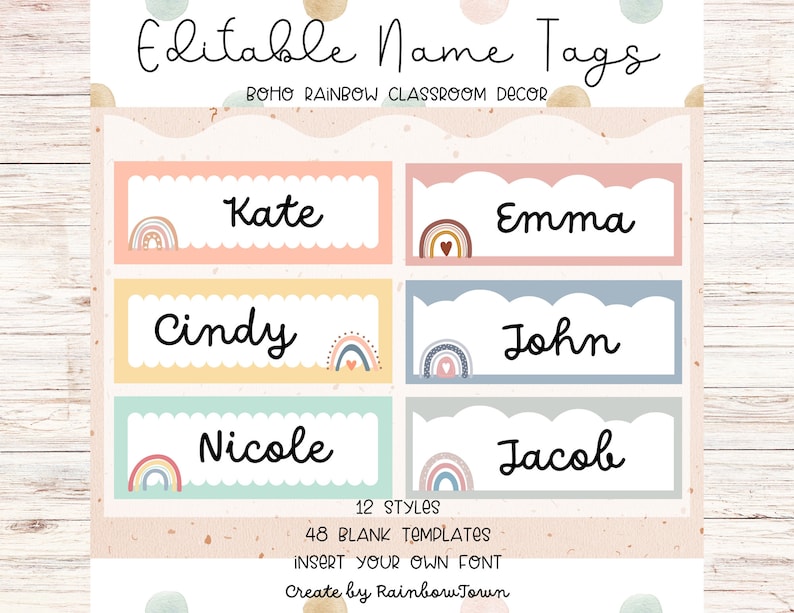 Boho Rainbow Classroom Name Tags: Editable Student Desk Plates (PPT ...