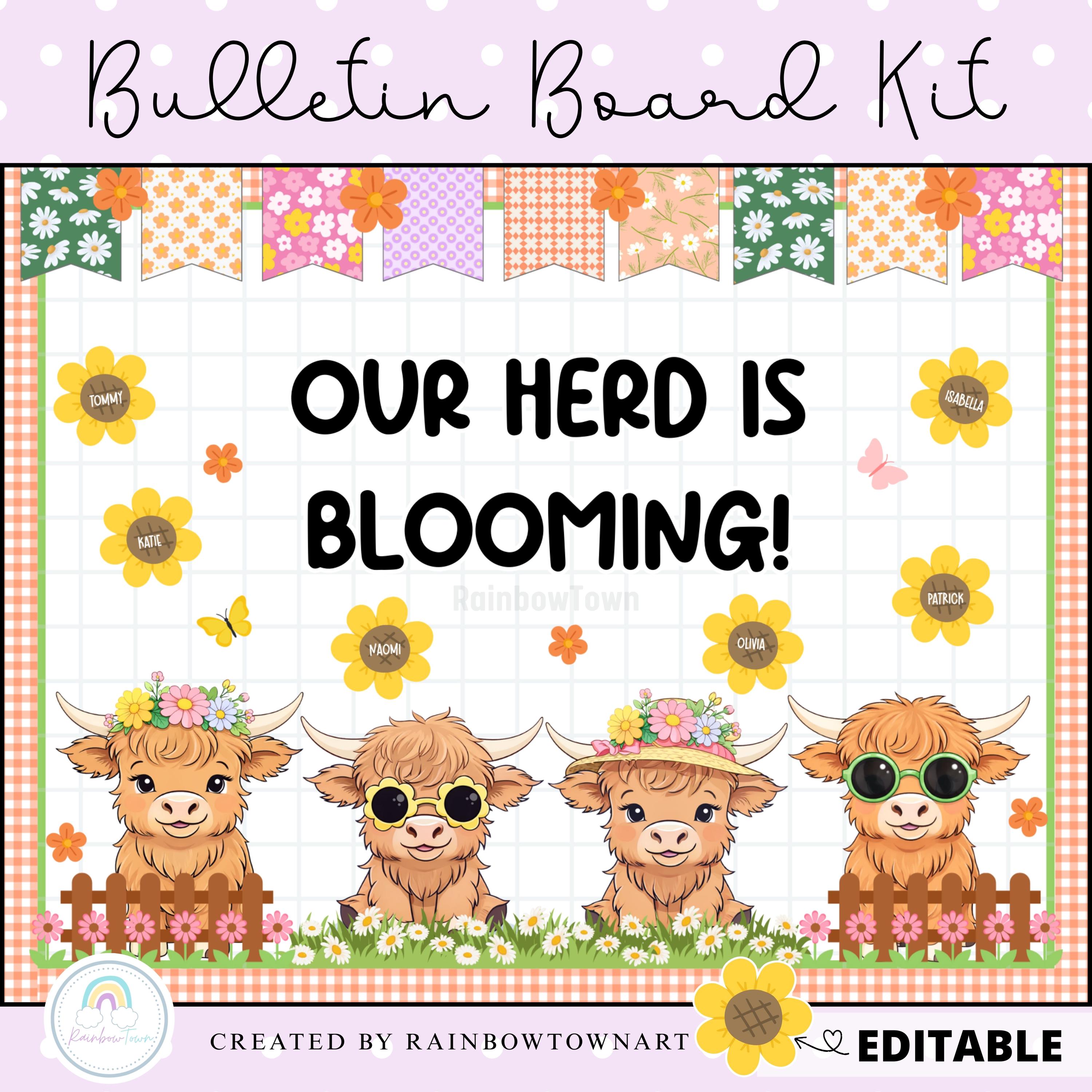 Spring Bulletin Board Kit Highland Cow Flower Classroom Decor Printable ...