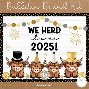 New Year Bulletin Board Kit Highland Cow Theme January Classroom Decor ...