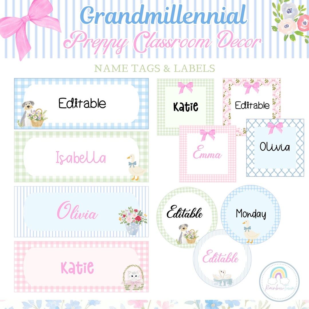 Editable Name Tags Cubby Tags Classroom Labels Grandmillennial Preppy ...