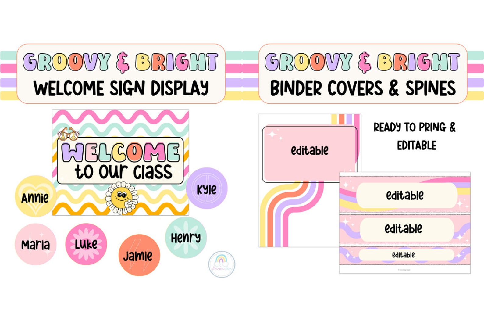 Groovy Bright Classroom Decor Bundle Pastel Theme Printable & Editable ...