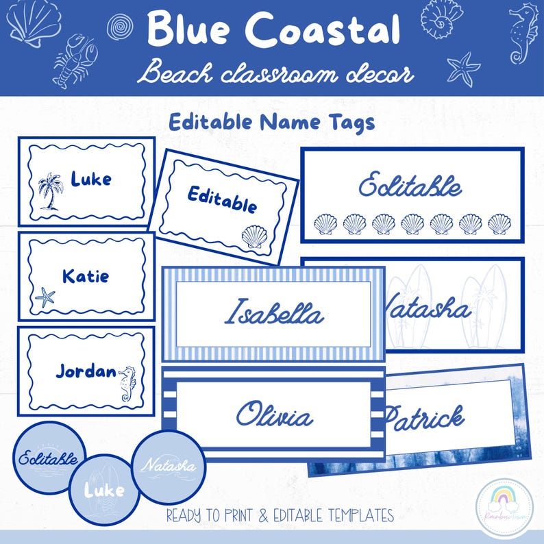 Summer Name Tags Editable Classroom Labels Blue Coastal Classroom Decor ...