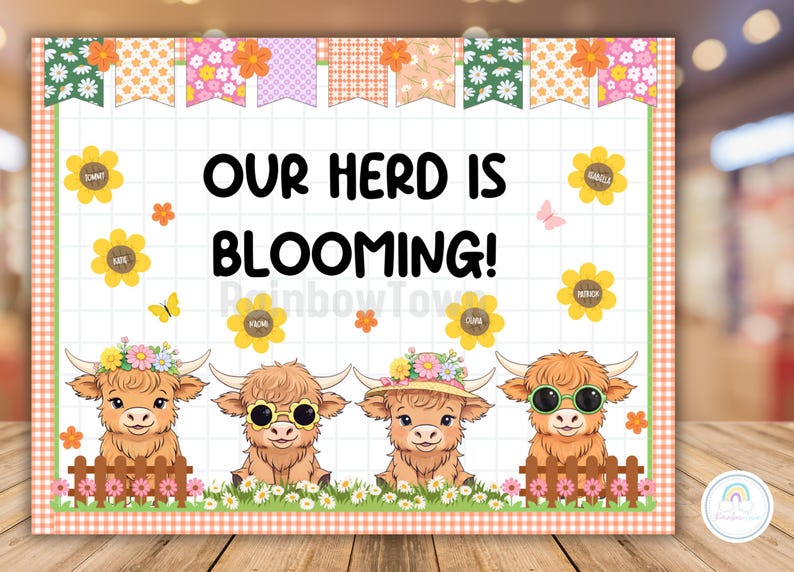 Spring Bulletin Board Kit Highland Cow Flower Classroom Decor Printable ...