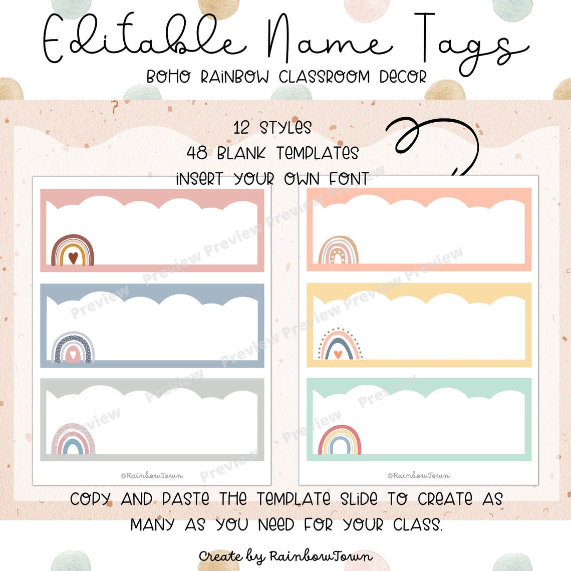 Boho Rainbow Classroom Name Tags: Editable Student Desk Plates (PPT ...