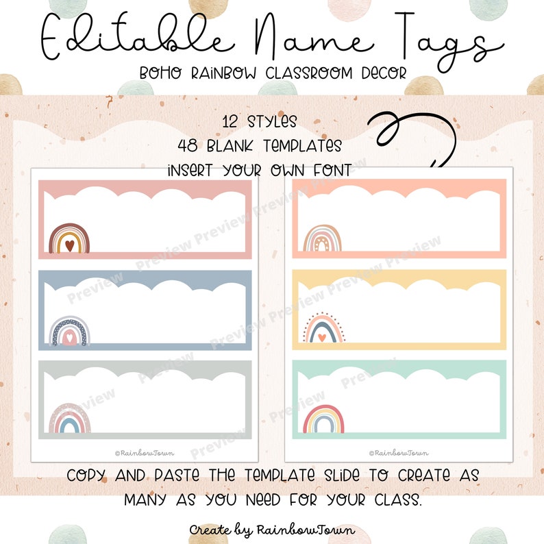 Boho Rainbow Classroom Name Tags: Editable Student Desk Plates (PPT ...