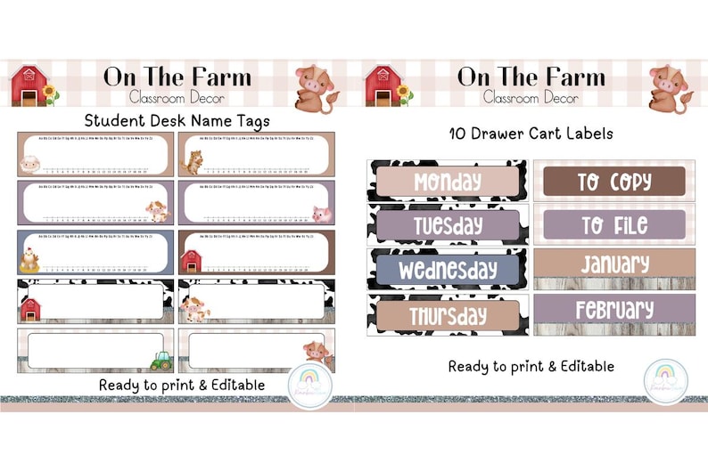 Farm Animal Classroom Decor Bundle Printable & Editable - Etsy