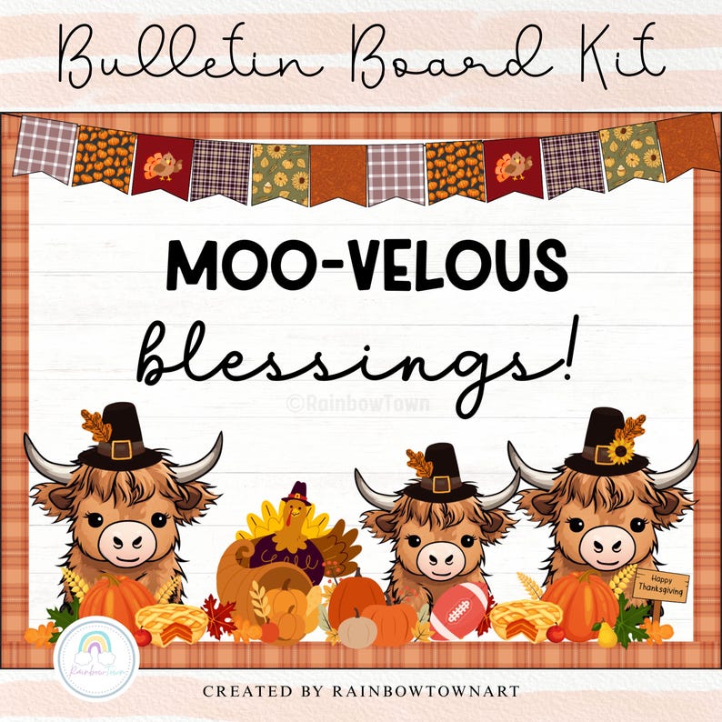Thanksgiving Bulletin Board Kit Highland Cow Thankful Fall Classroom ...