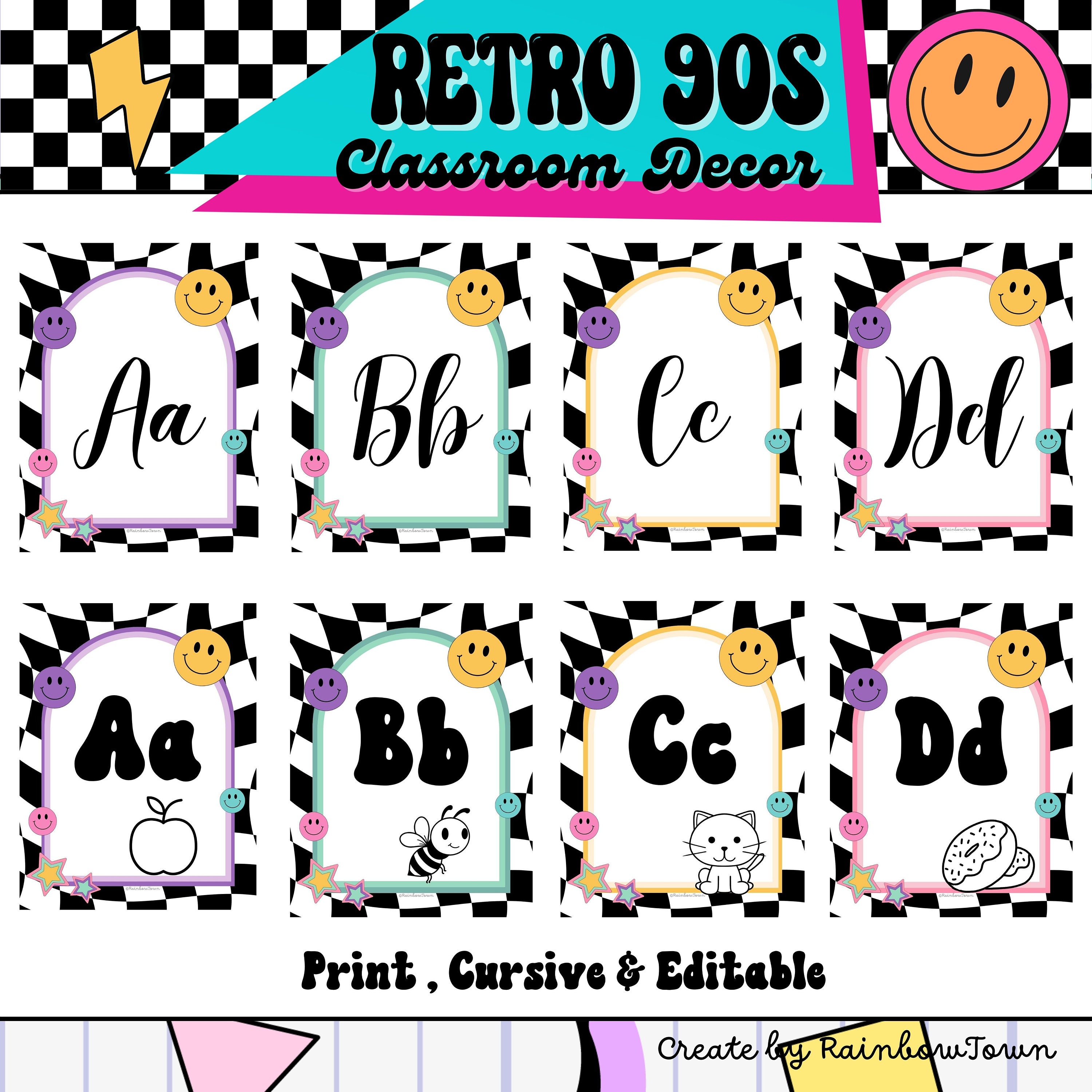 Alphabet Posters Printable Retro Classroom Decor Editble Digital ...