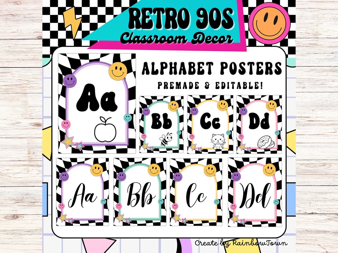 Alphabet Posters Printable Retro Classroom Decor Editble Digital ...