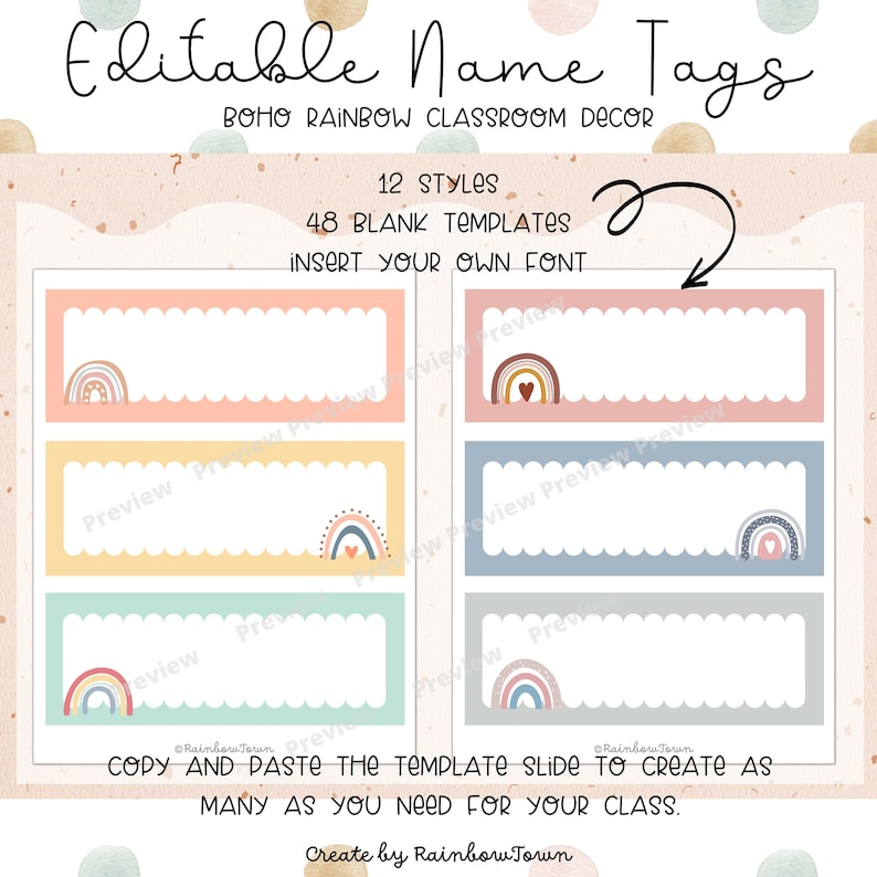 Boho Rainbow Classroom Name Tags: Editable Student Desk Plates (PPT ...