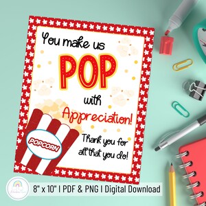 Popcorn Appreciation Printable Teacher Appreciation Staff Appreciation ...