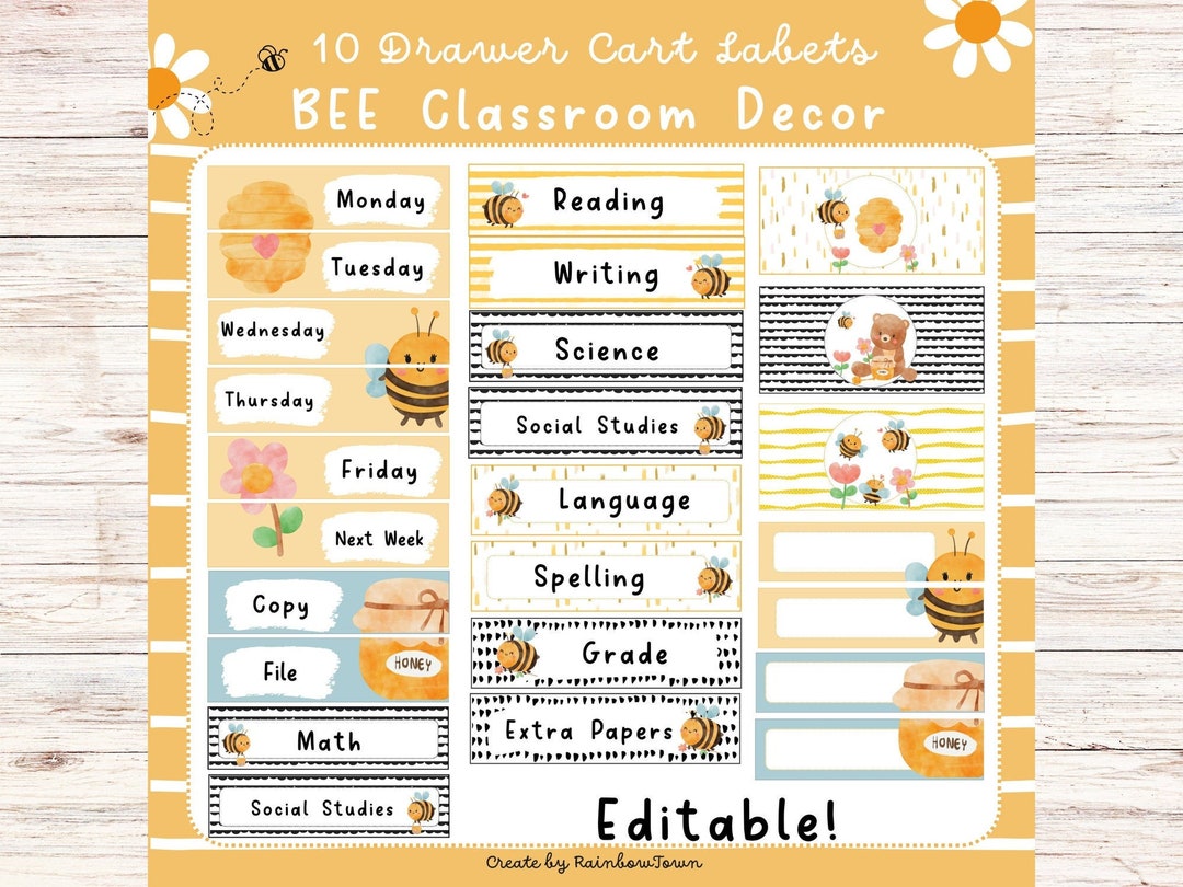 10 Drawer Cart Labels Editable Teacher Rolling Cart Labels BEE Themed ...