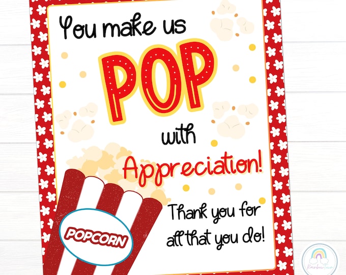 Popcorn Appreciation Printable Teacher Appreciation Staff Appreciation ...