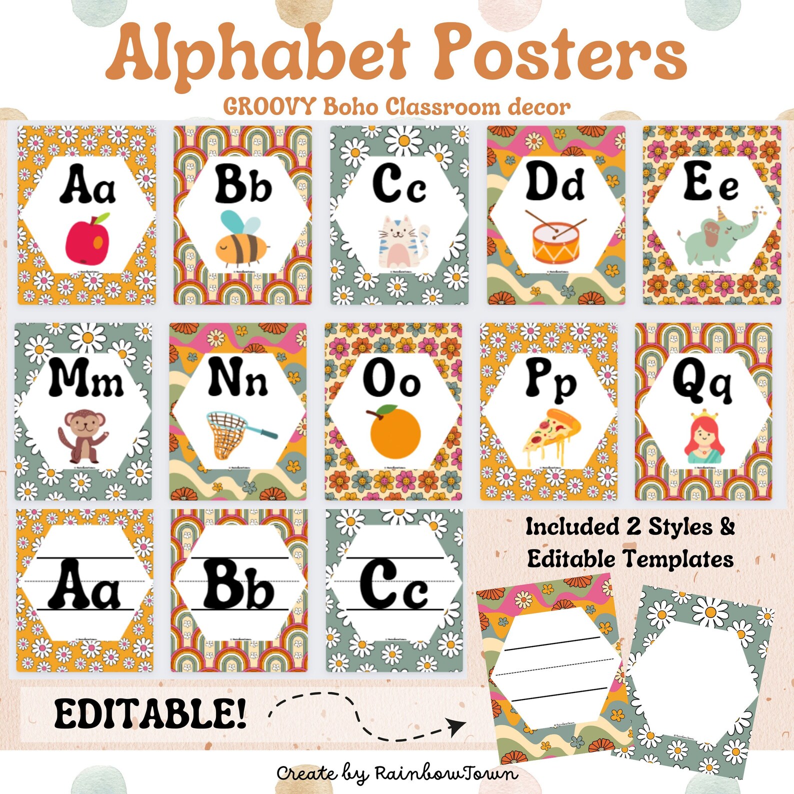 GROOVY BOHO Alphabet Posters BOHO Classroom Decor Editble - Etsy