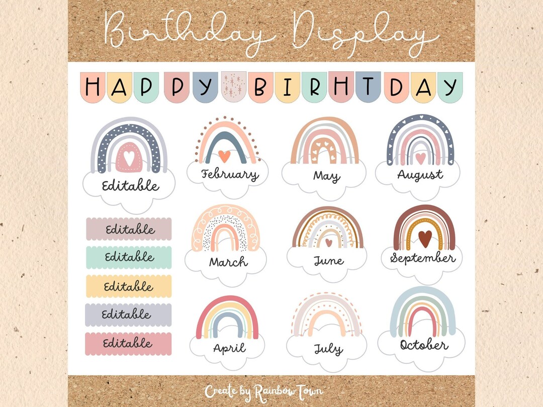 BOHO Rainbow Birthday Bulletin Board Birthday Display Editable - Etsy