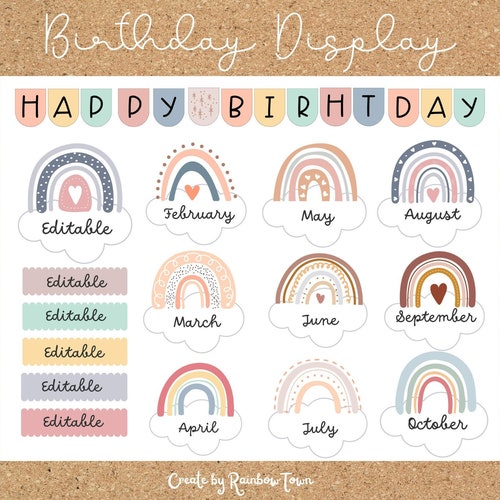 BOHO Rainbow Birthday Bulletin Board Birthday Display Editable - Etsy