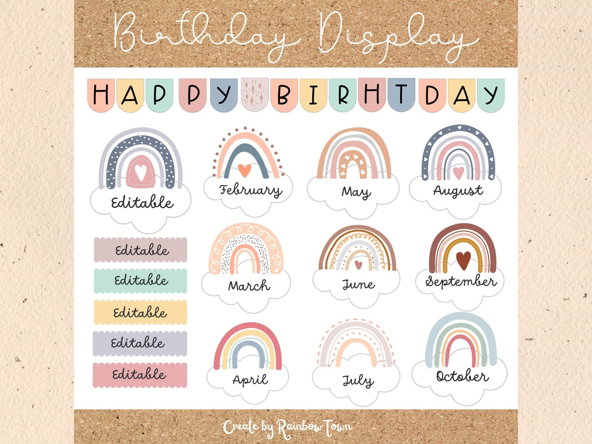 BOHO Rainbow Birthday Bulletin Board Birthday Display Editable - Etsy