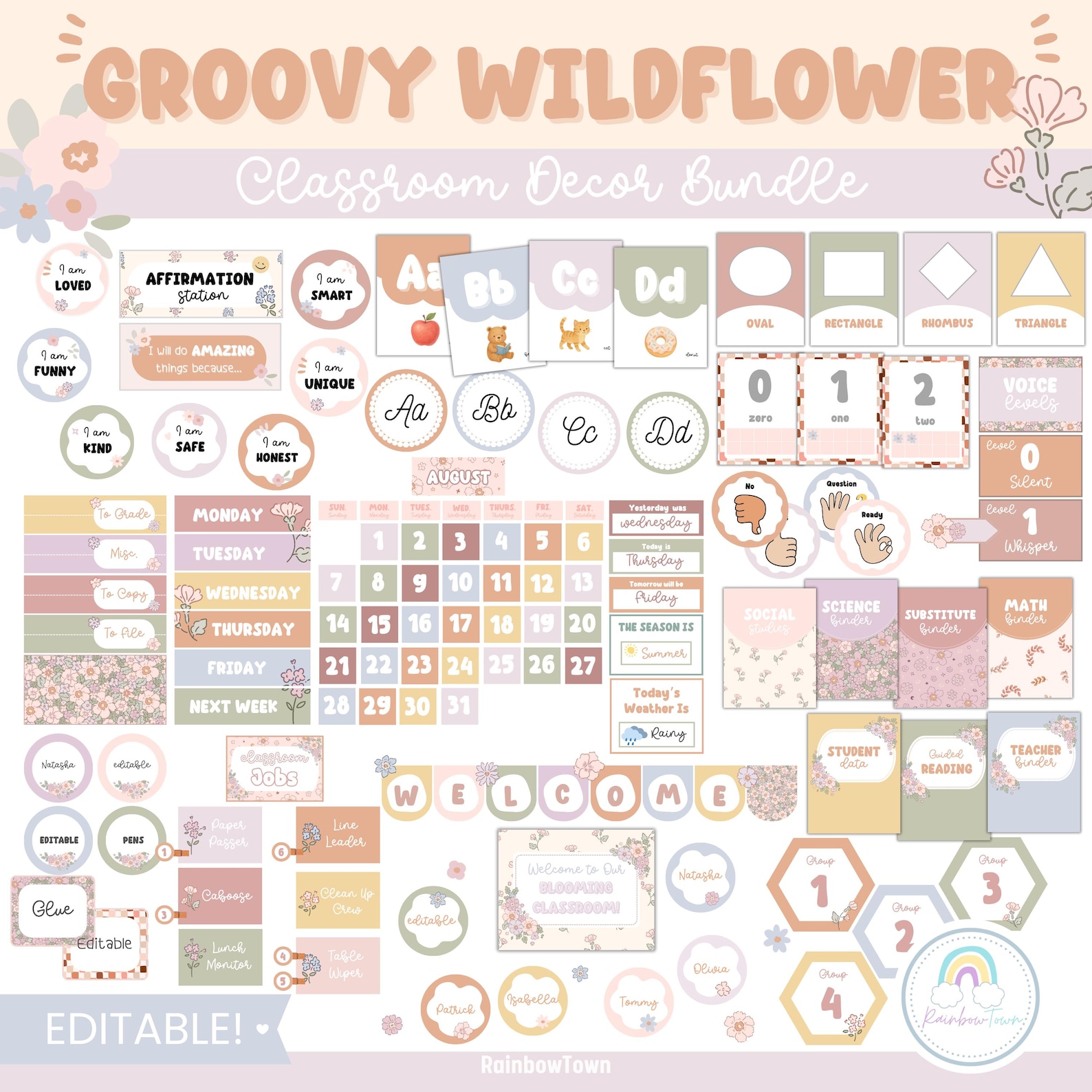Groovy Wildflower Classroom Decor Bundle Calm Pastel Floral Boho Theme ...