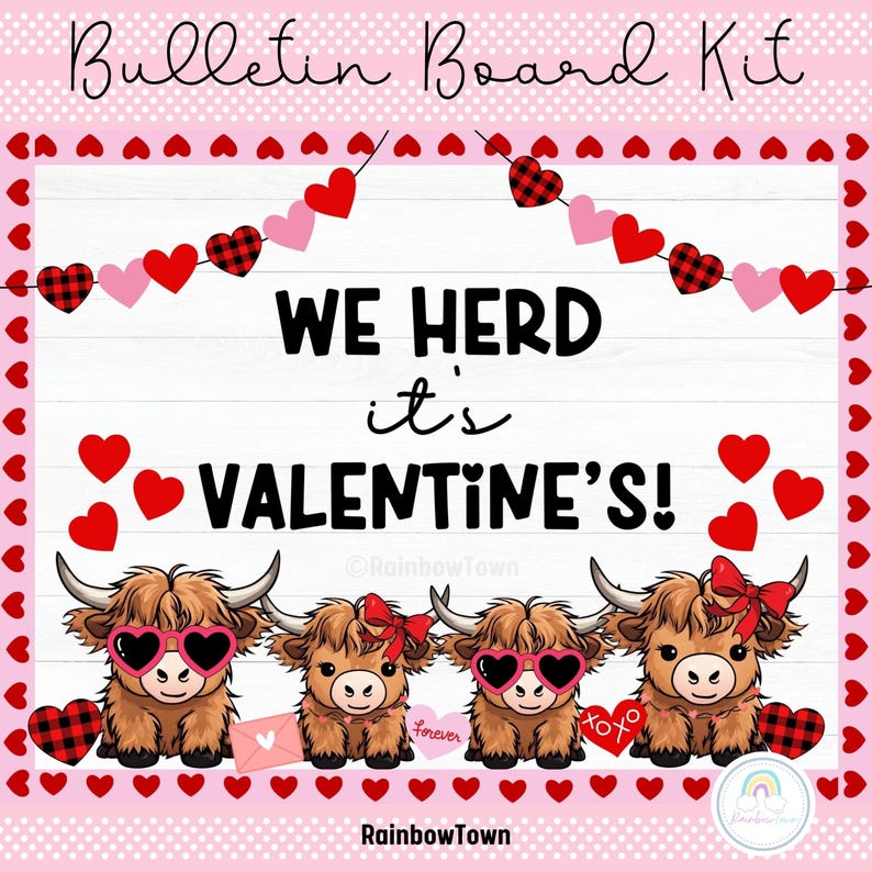 Valentine's Day Bulletin Board Kit Highland Cow Theme Classroom Decor ...