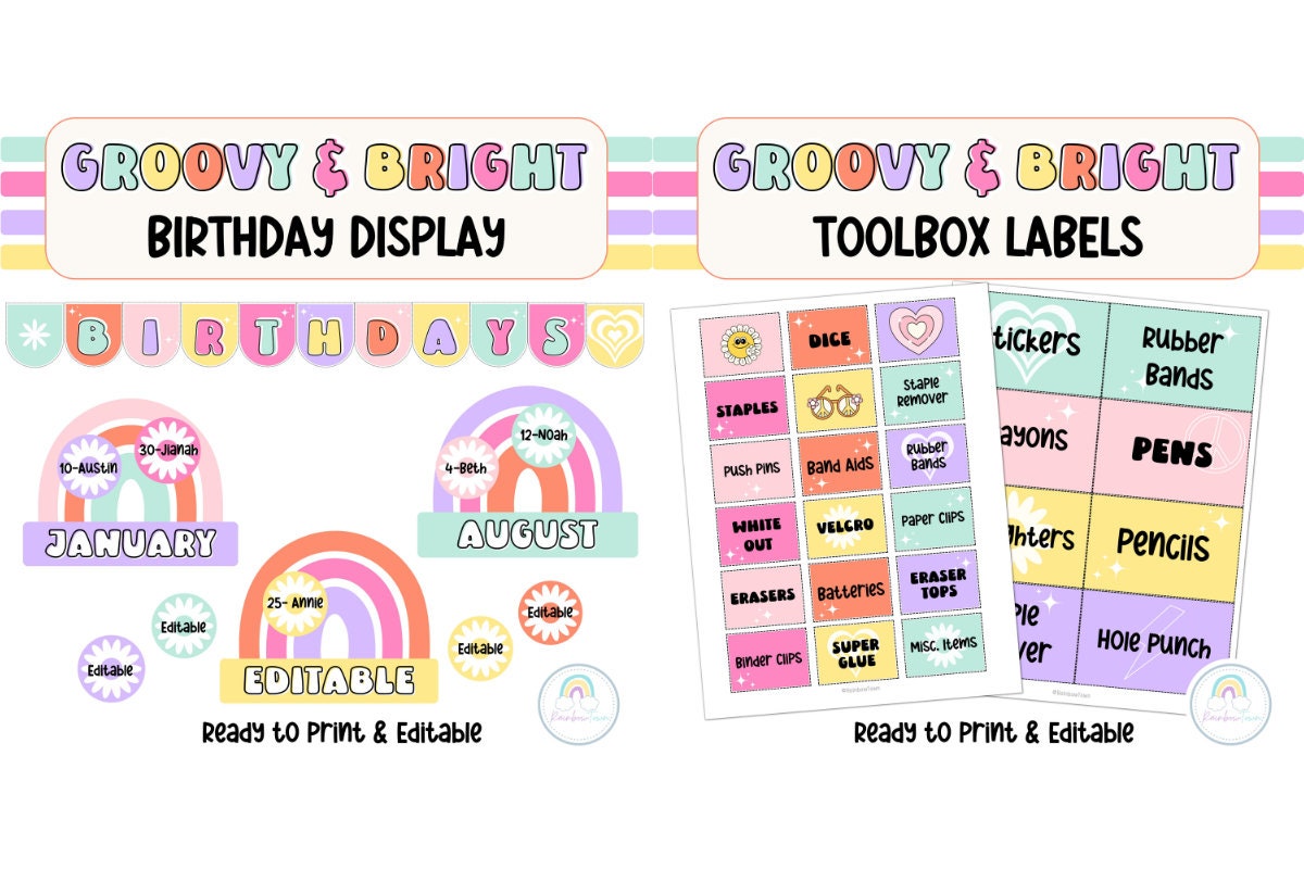 Groovy Bright Classroom Decor Bundle Pastel Theme Printable & Editable ...