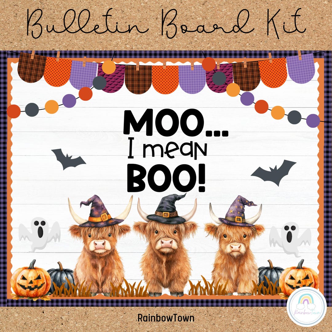 Halloween Bulletin Board Kit or Door Decor | Highland Cow Witch ...