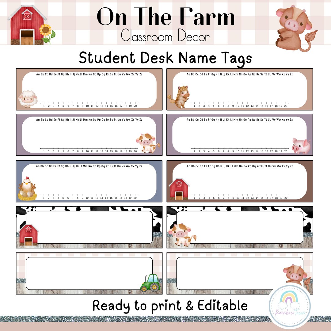Editable Student Desk Name Plates Name Tags Farm Theme Neutral ...