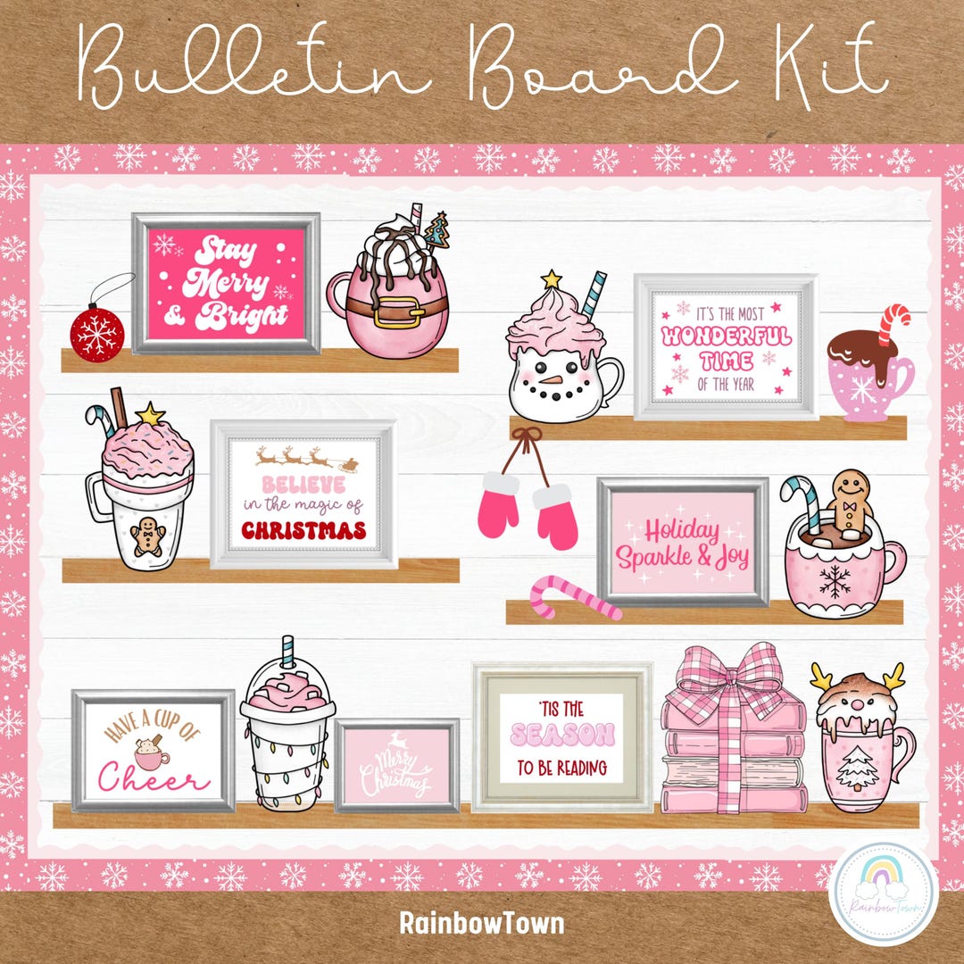 Pink Christmas Bulletin Board Kit Holiday Bookshelf Classroom Decor ...