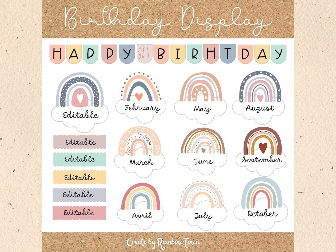 BOHO Rainbow Birthday Bulletin Board Birthday Display Editable - Etsy