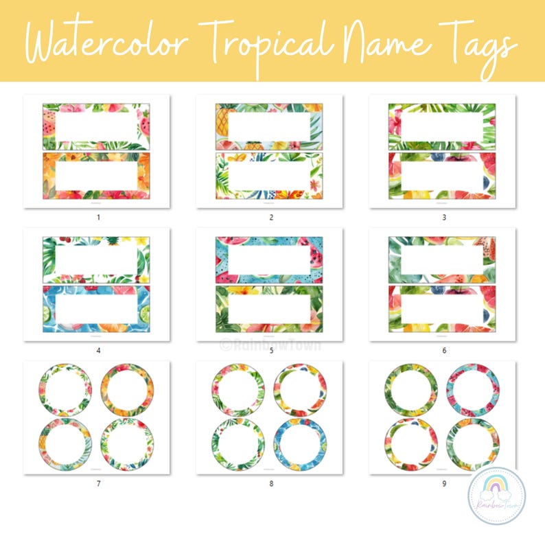Watercolor Tropical Name Tags: Editable Summer Desk Plates (digital ...