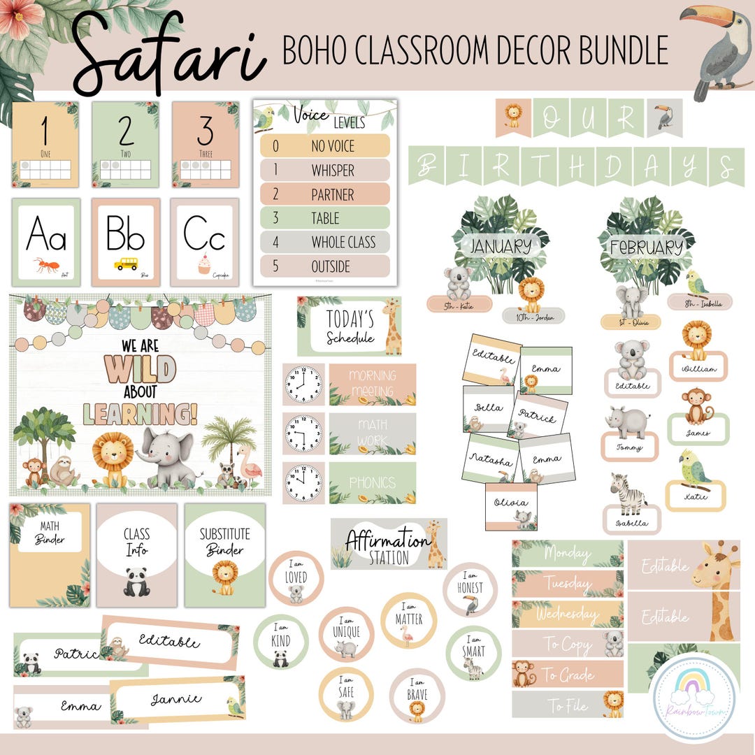 Safari Classroom Decor Bundle Boho Jungle Theme Decorations Printable ...